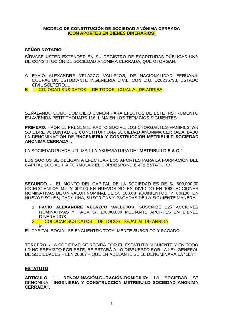 Minuta de Empresa Sociedad Anonima Cerrada | PDF