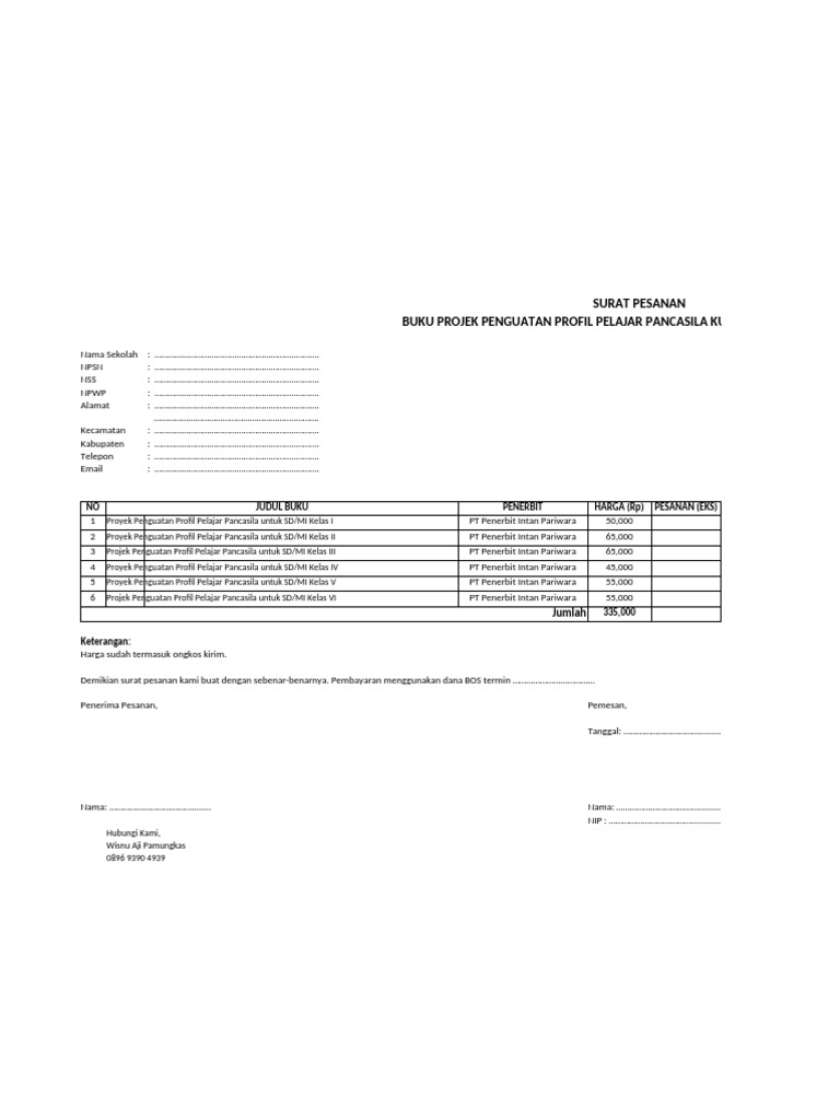 SD - Surat Pesanan Buku P5 2025 K3S Kabupaten | PDF