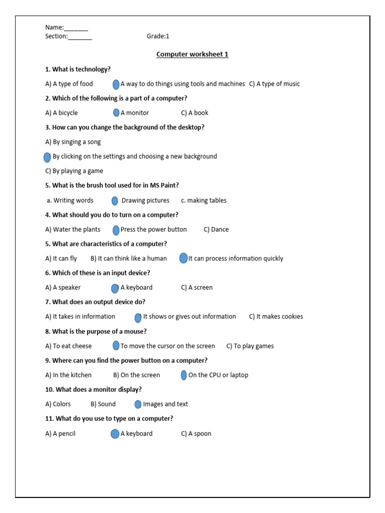 Grade 1 Computer Worksheet# 1,2 | PDF | Computing | Games & Activities