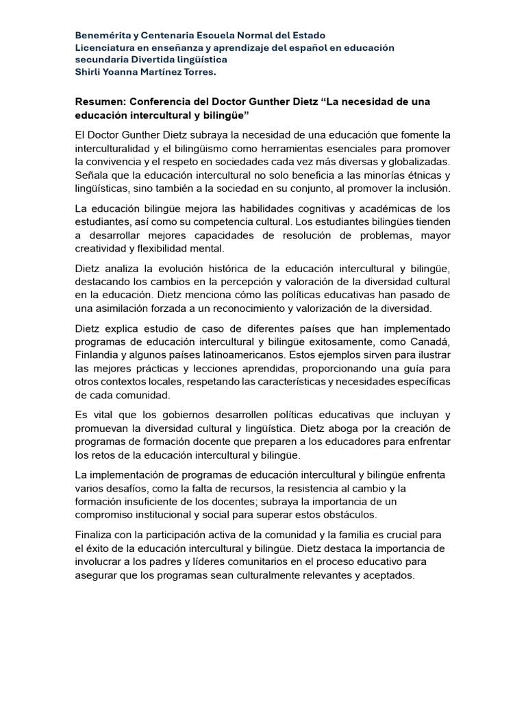 Resumen Educación Intercultural y Bilingüe - Shili Yoanna Martínez Torres | PDF