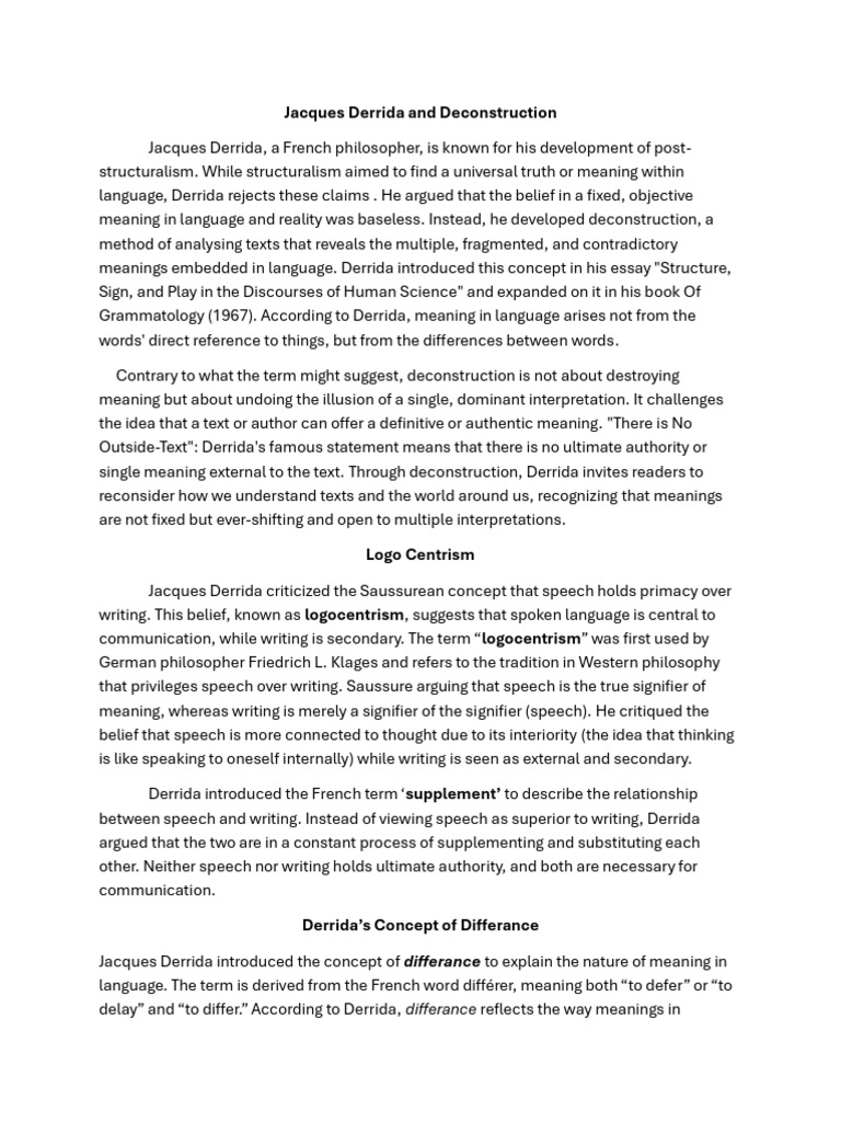 Jacques Derrida and Deconstruction | PDF