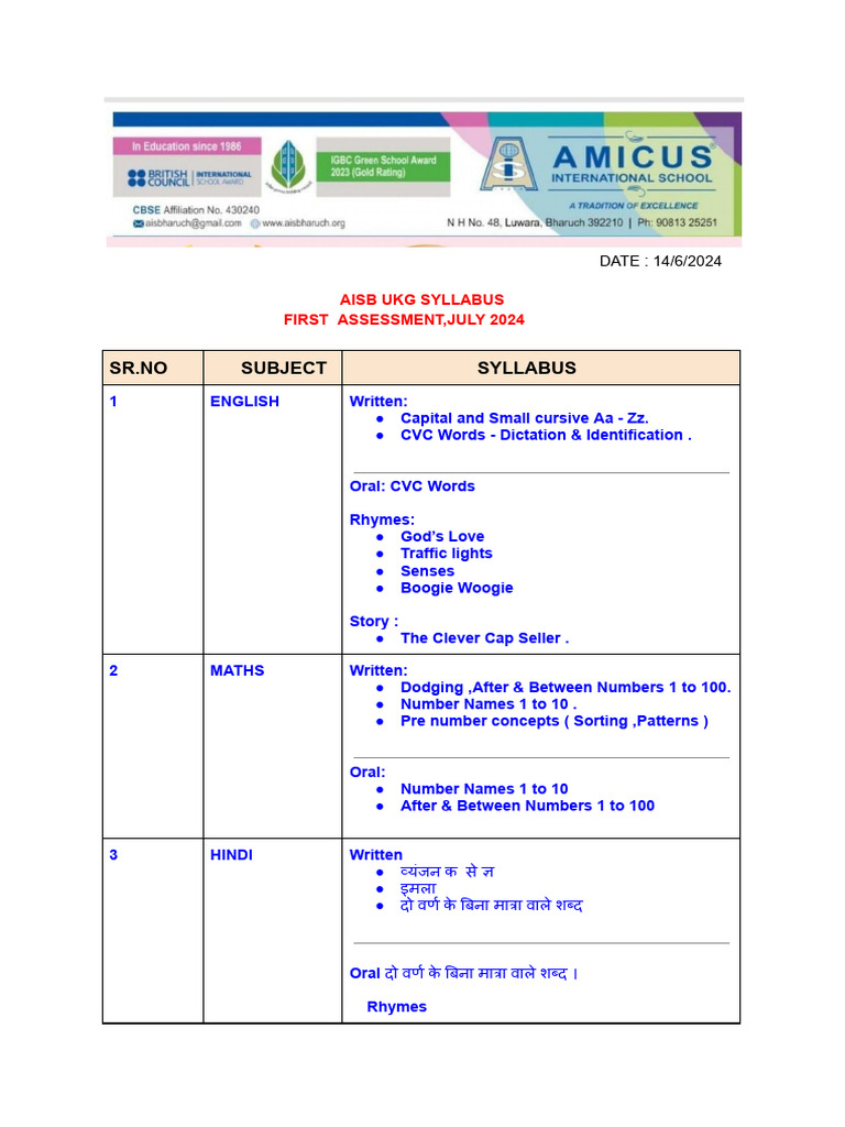 Aisb Ukg Syllabus First Assessment | PDF
