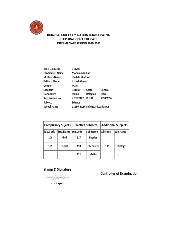 Bihar Board Intermediate Certificate | PDF