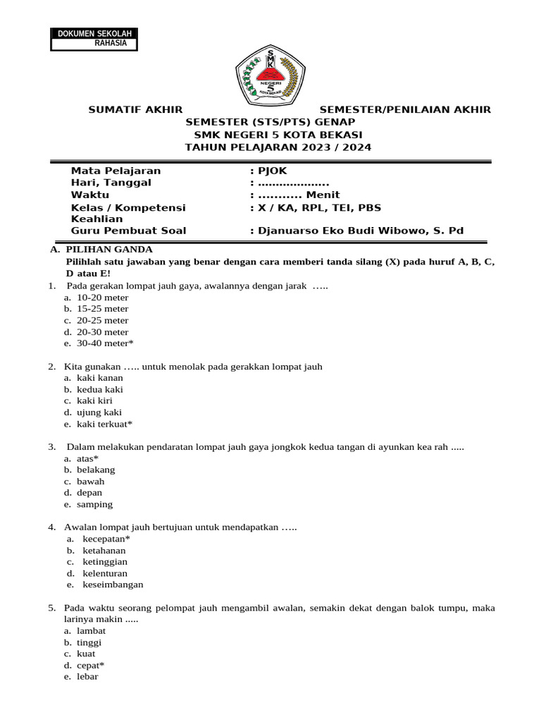 Naskah Soal PTS PJOK Semester 2 Kelas X TA. 23-24 | PDF