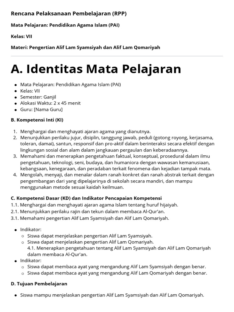 Rencana Pelaksanaan Pembelajaran (RPP) | PDF