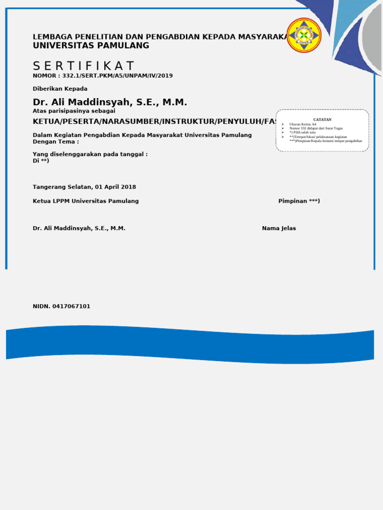 Format Sertifikat Pengabdian Kepada Masyarakat | PDF