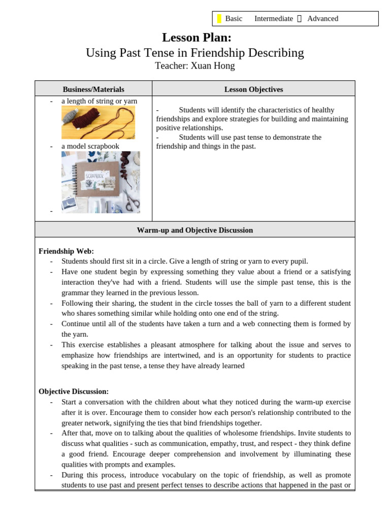 Lesson Plan - Using Past Tense in Friendship Describing | PDF ...