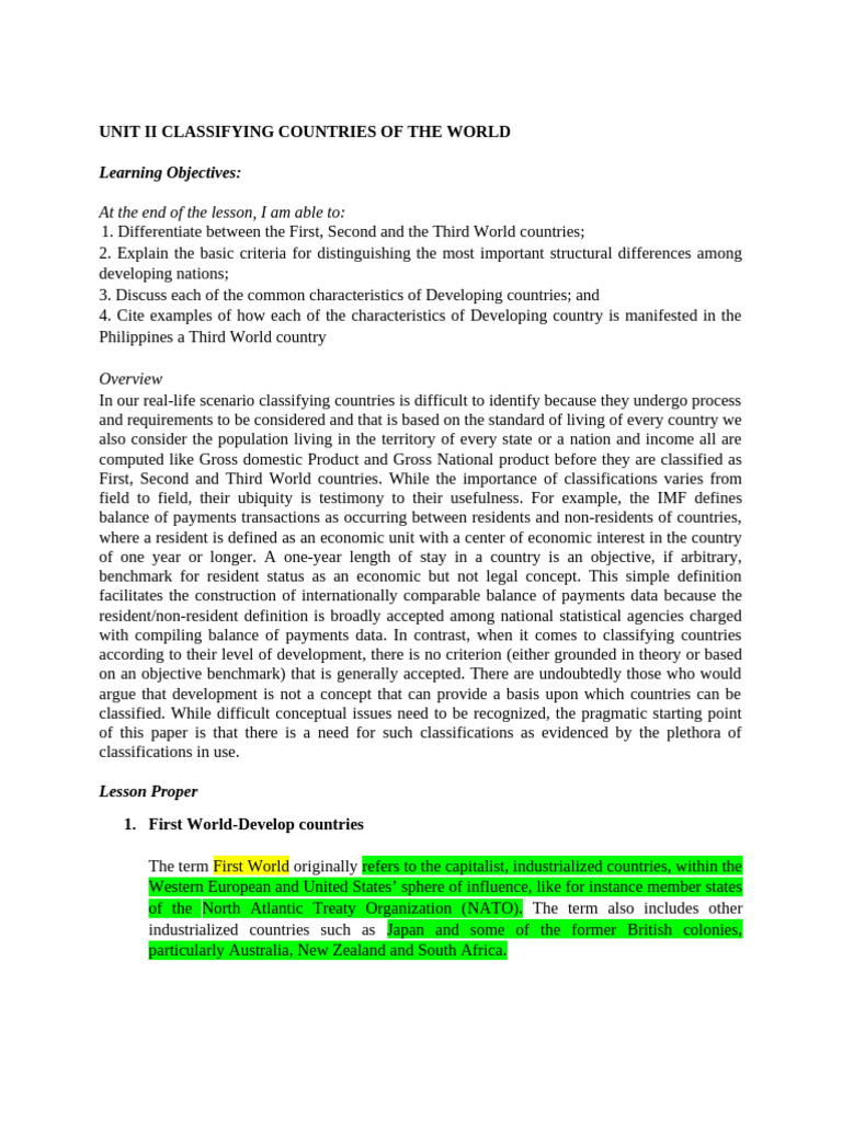 Unit Ii Classifying Countries of The World | PDF