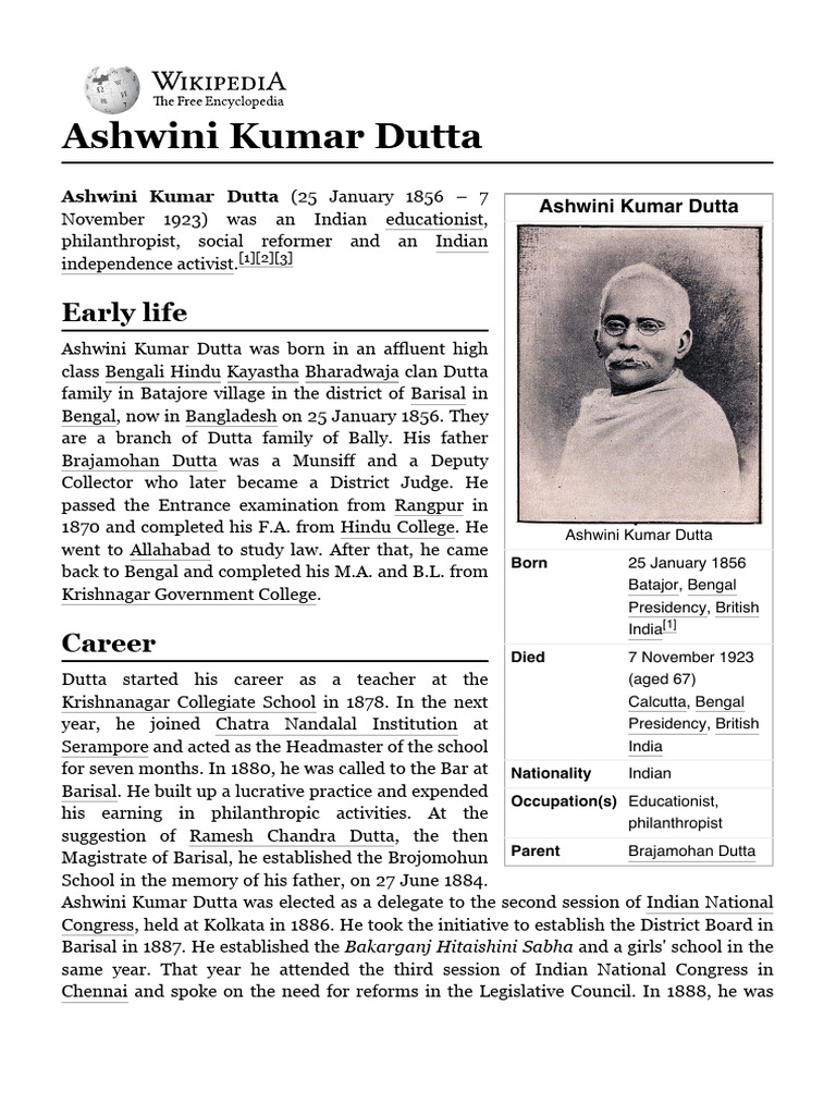 Ashwini Kumar Dutta - Wikipedia | PDF