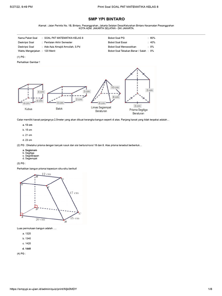 Print Soal SOAL PAT MATEMATIKA KELAS 8 | PDF