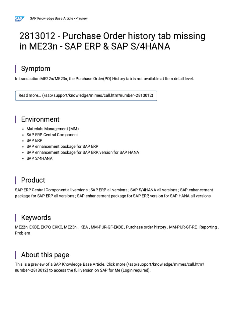 SAP NOTE 2813012 - Purchase Order History Tab Missing in ME23n - SAP ...