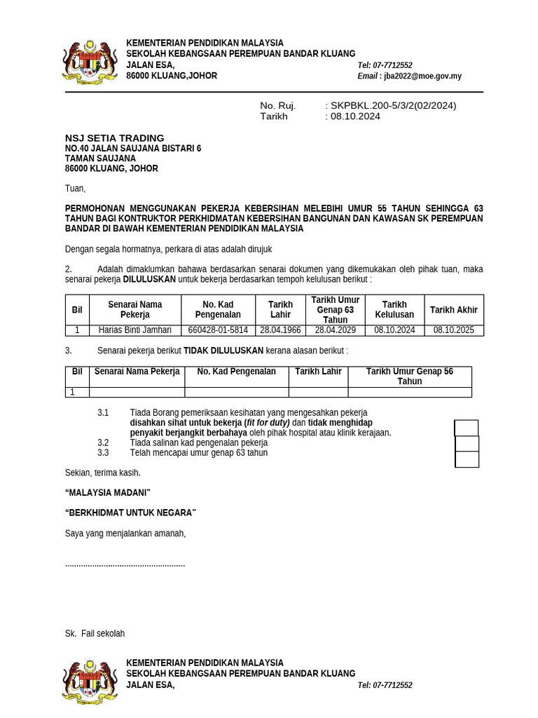 Surat Kebenaran Pekerja Melebihi Umur | PDF