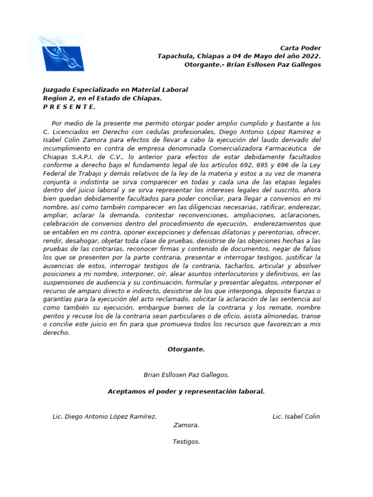 Carta Poder Tribunal Laboral | PDF