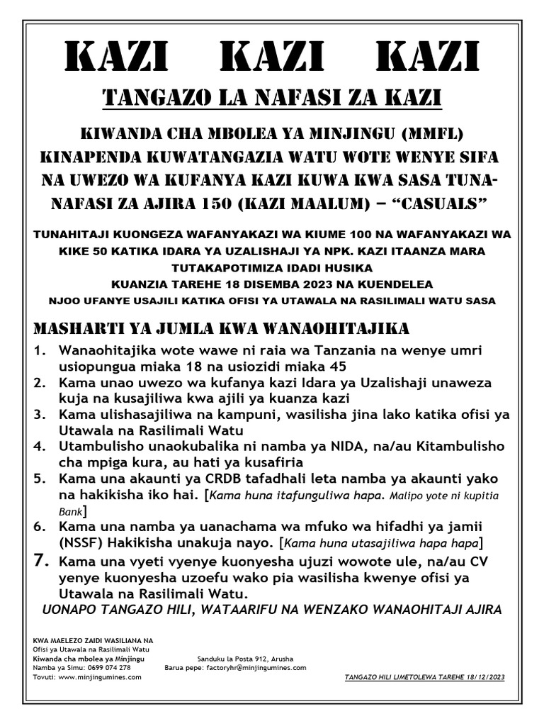 Tangazo La Nafasi Za Kazi | PDF