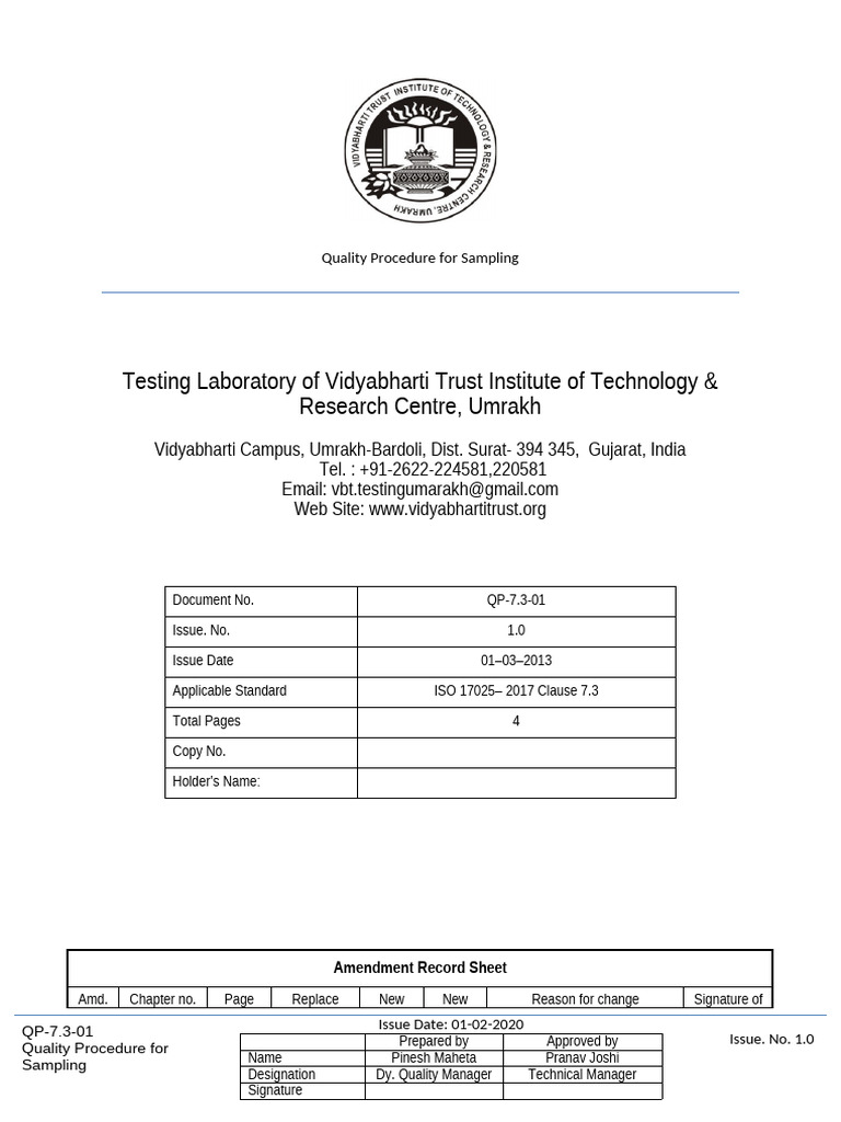 QP-7.3-01 Procedure for Sampling | PDF