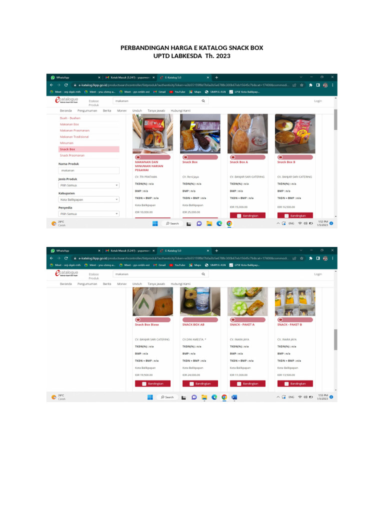 PERBANDINGAN HARGA E KATALOG SNACK BOX 2023 | PDF