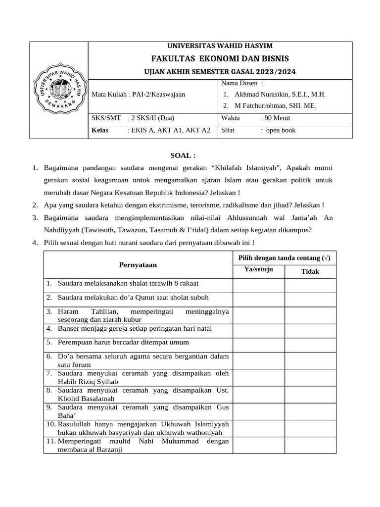 SOAL UAS GENAP 2024 - ASWAJA - Asikin - Fathur | PDF