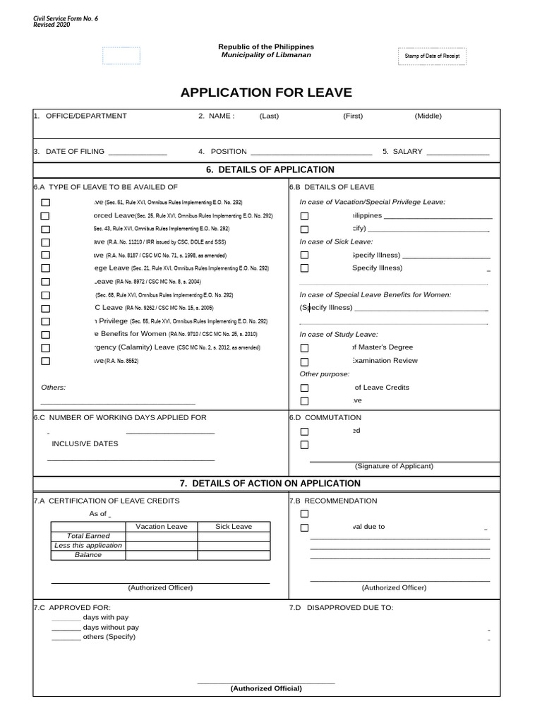 CS Form No. 6, Revised 2020 (Application For Leave) (Fillable) | PDF