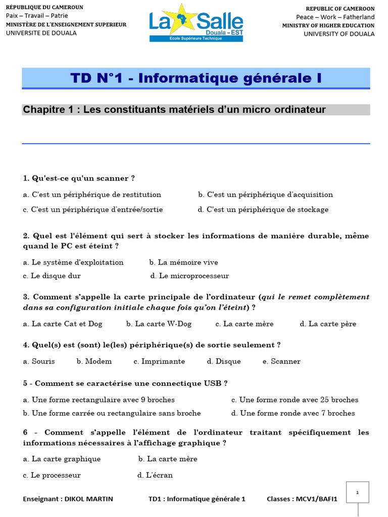 TD N°1 - Les Constituants Matériels D'un Micro-Ordinateur (Partie Hardware) (CGE1) | PDF