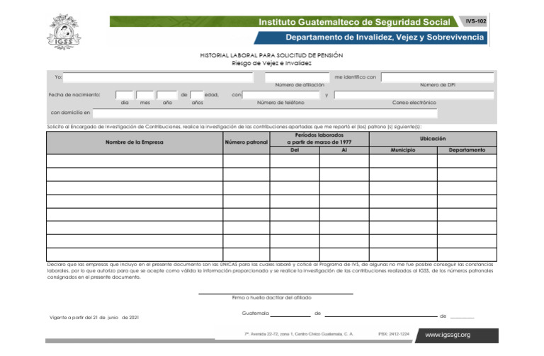 IVS-102 Historial Laboral Riesgo de Vejez e Invalidez (Web) | PDF