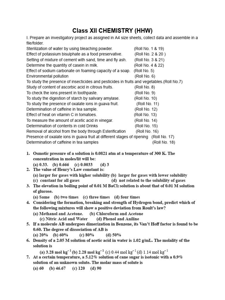 12 Chemistry HHW | PDF