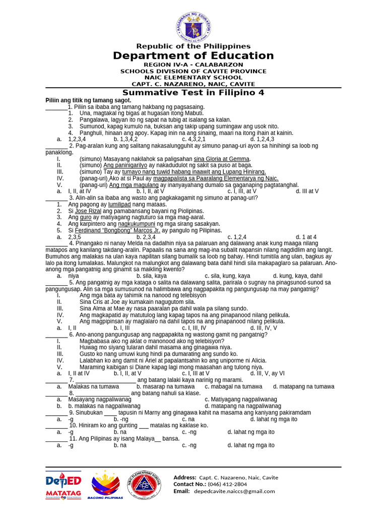 Summative Test in Filipino | PDF | Philippines | Language Arts & Discipline