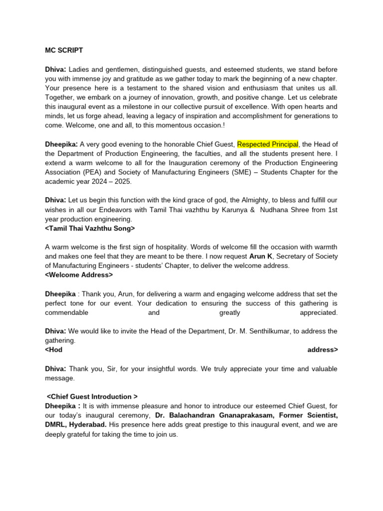 MC SCRIPT Inauguration 2024-25 | PDF