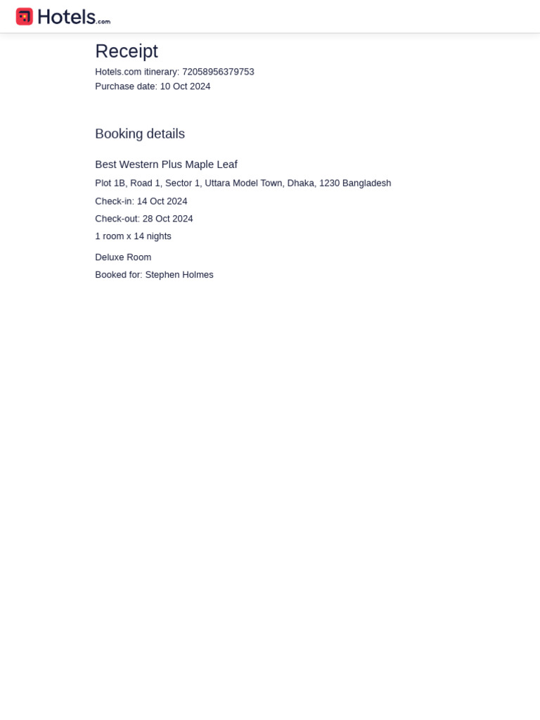 Hotel Receipt For Bangladesh | PDF