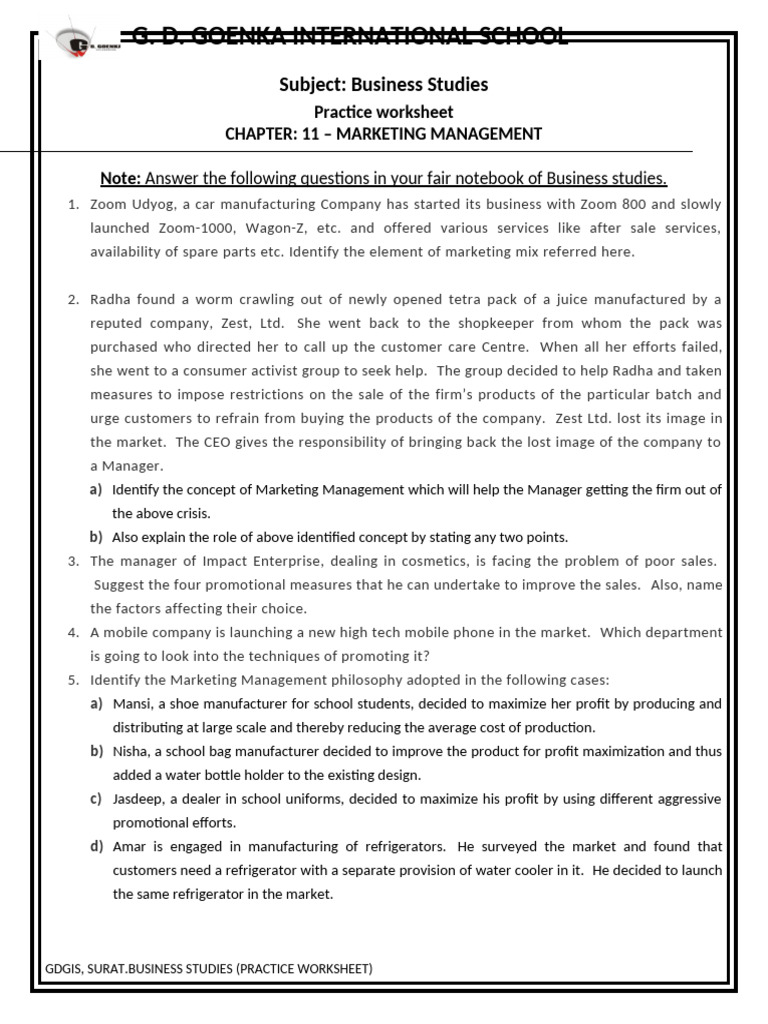 Worksheet For Class 12 BST (Marketing Management) | PDF