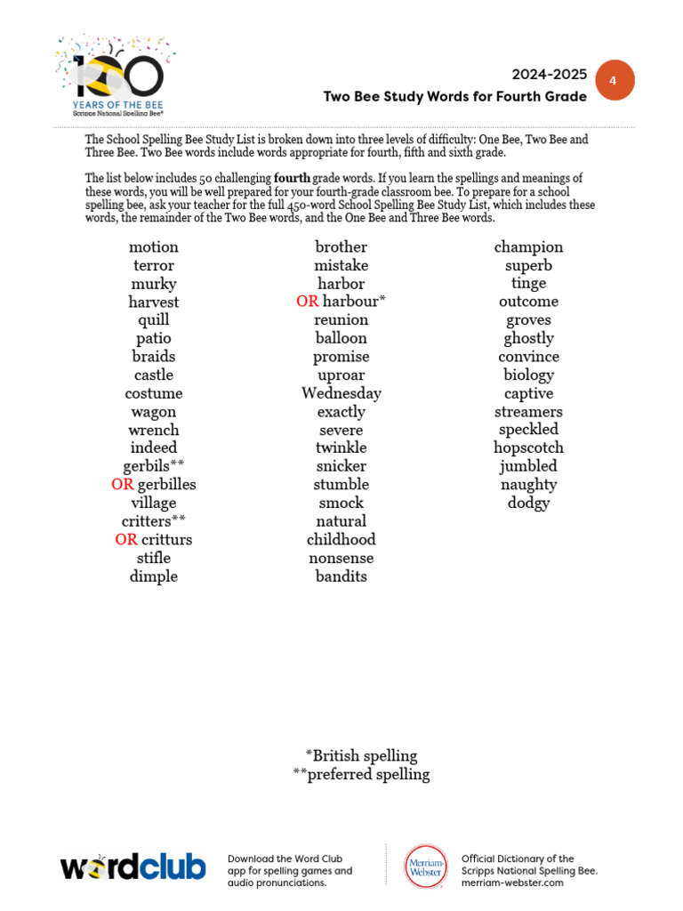 4th Grade Spelling Bee Words 2024 | PDF