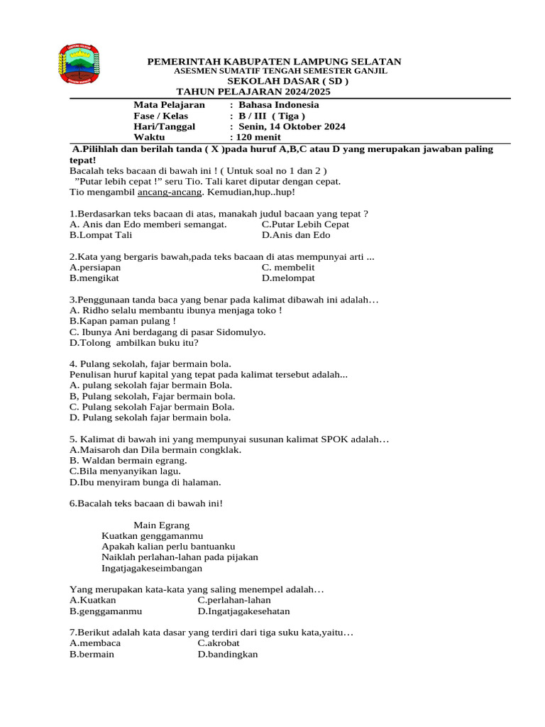 Soal PTS BHS Indonesia Kelas 3 2024-2025 | PDF