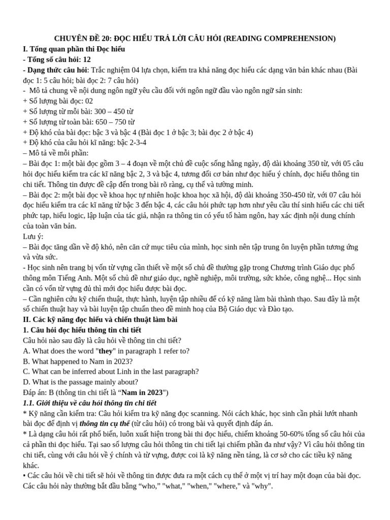 CHUYÊN ĐỀ 20 ĐỌC HIỂU TRẢ LỜI CÂU HỎI (READING COMPREHENSION) | PDF