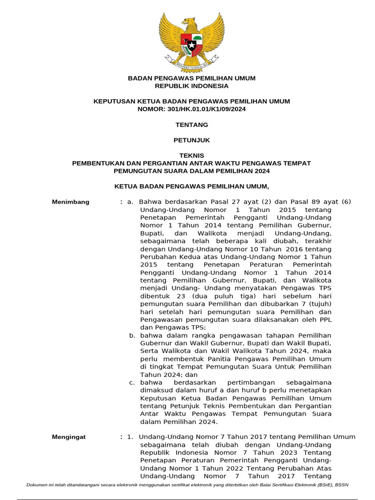 SK Dan Pedoman Pembentukan PTPS Pilkada 2024 | PDF