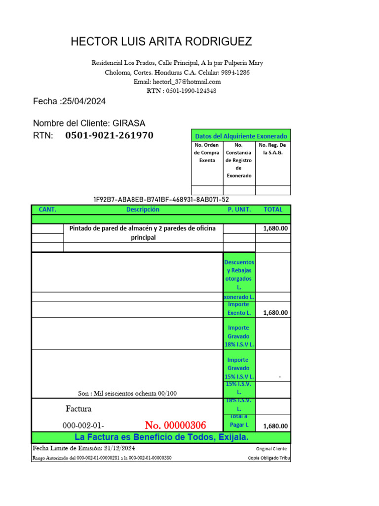 Hector Luis Arita Rodriguez: Fecha:25/04/2024 Nombre Del Cliente ...