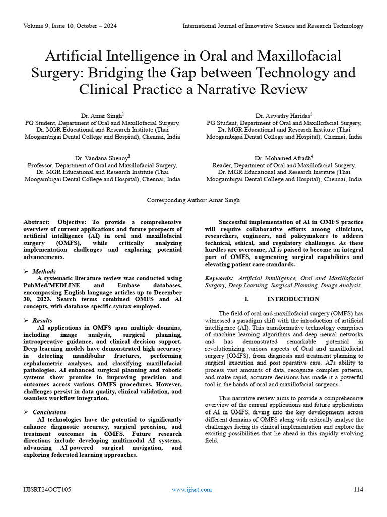 Artificial Intelligence in Oral and Maxillofacial Surgery: Bridging The Gap Between Technology ...