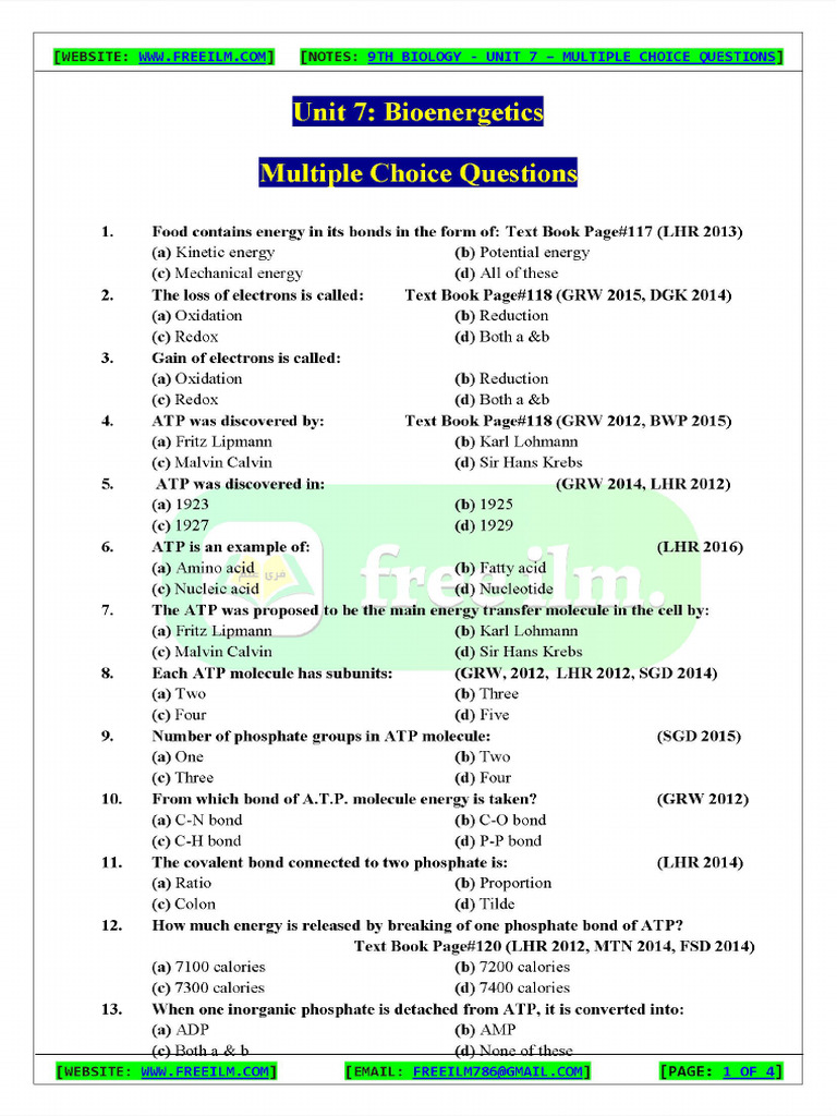 9th Bio Ch7 MCQ's | PDF