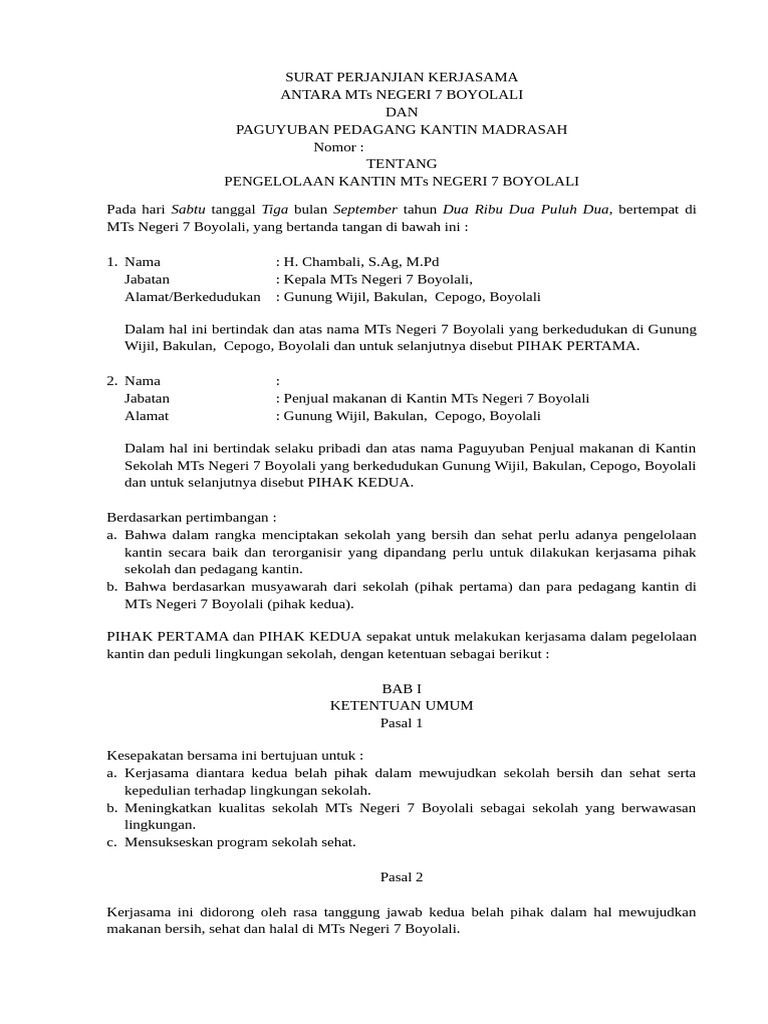 MoU Kantin MTSN 7 Boyolali | PDF