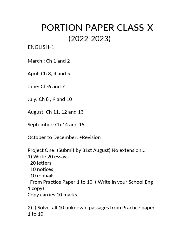 Portion Paper Class-10 (2022-2023) | PDF | Chemistry | Acid