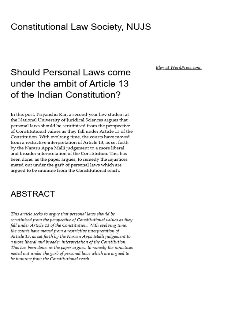 Should Personal Laws Come Under The Ambit of Article 13 of The Indian ...