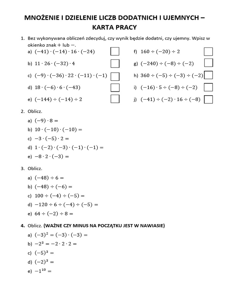 KARTA PRACY - Mnożenie I Dzielenie Liczb Dodatnich I Ujemnych | PDF