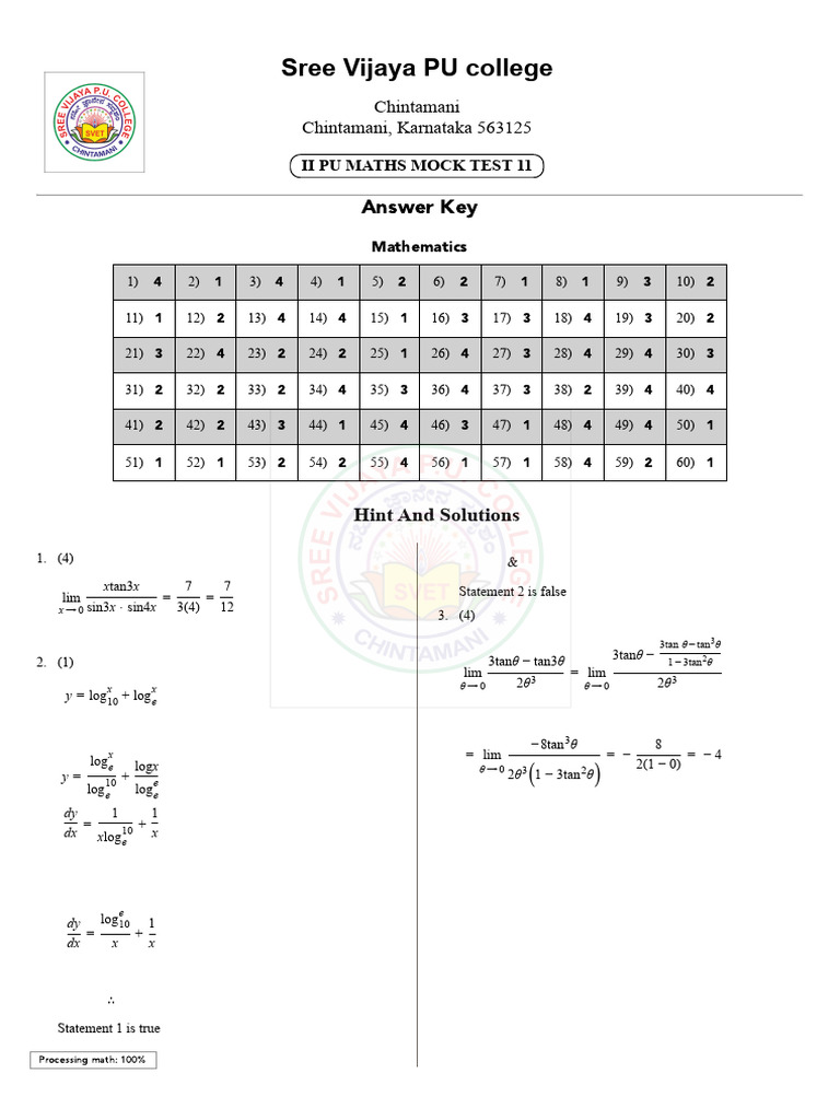 II Pu Maths Mock Test 11 Key Answer | PDF