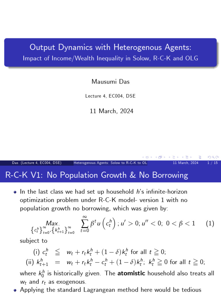 EC004 OutputDynamicsWithHeterogenousAgents 2024 Lecture4 | PDF