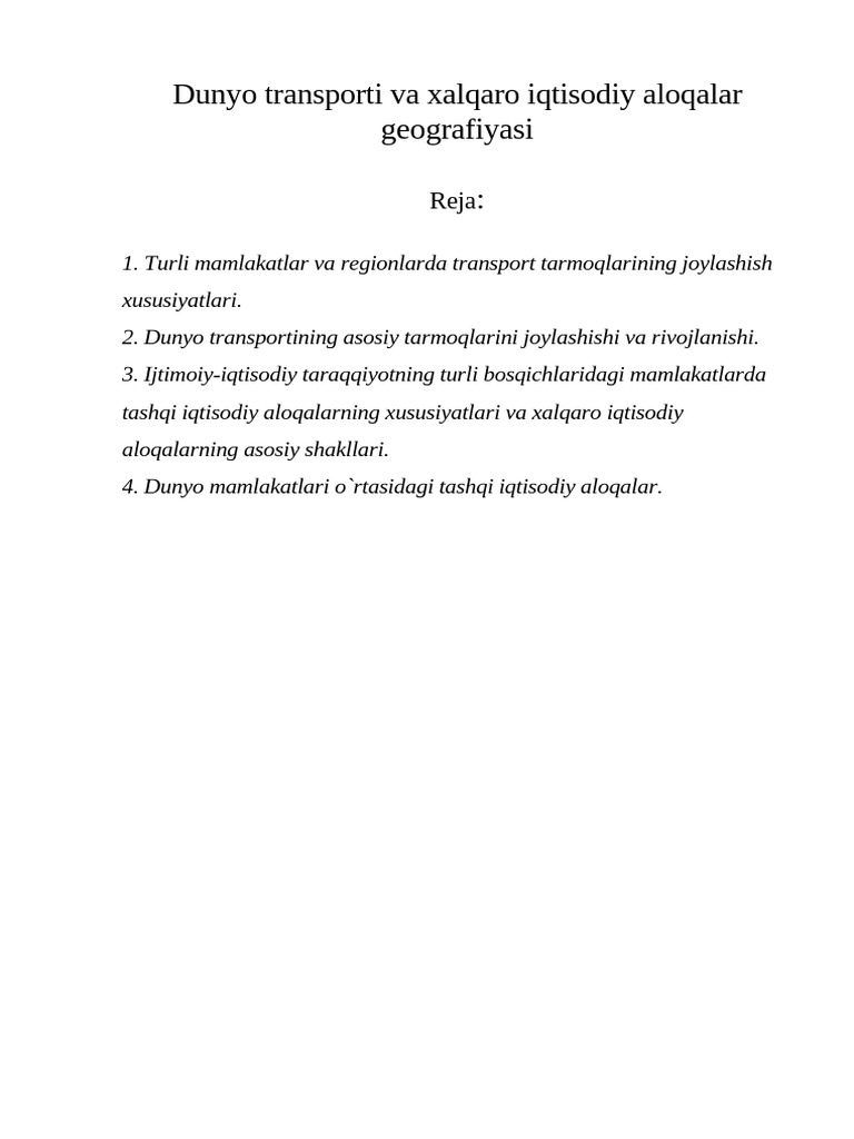 Dunyo Transporti Va Xalqaro Iqtisodiy Aloqalar Geografiyasi | PDF