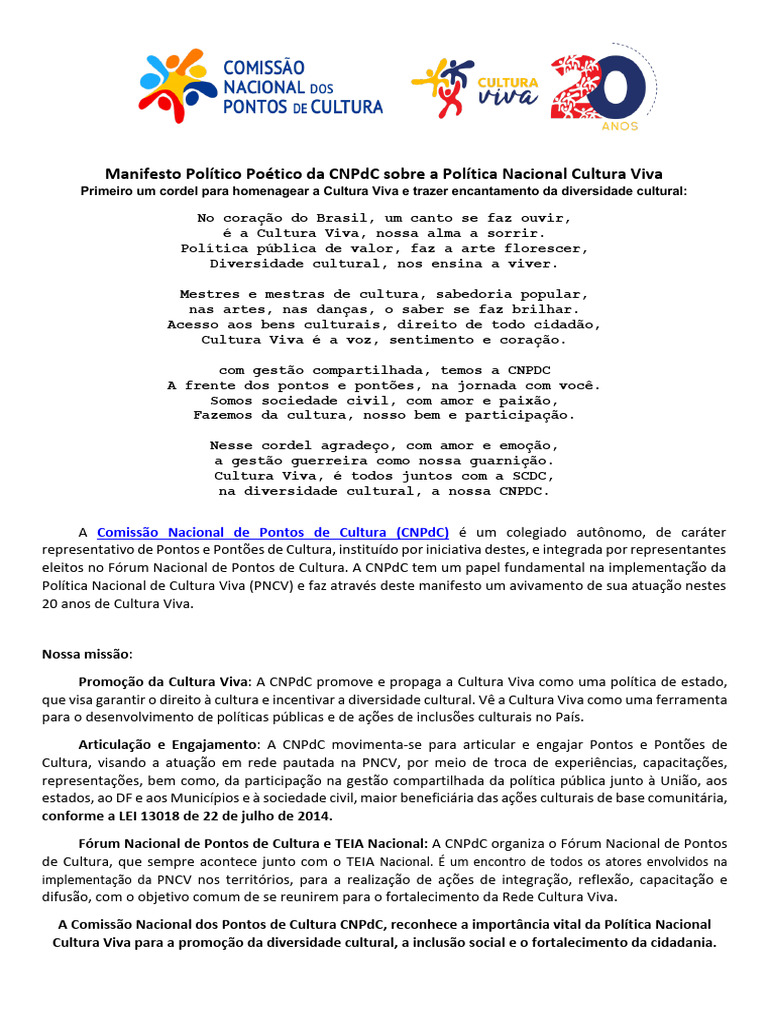 Manifesto Político Poético Da CNPDC Sobre A Política Nacional Cultura ...