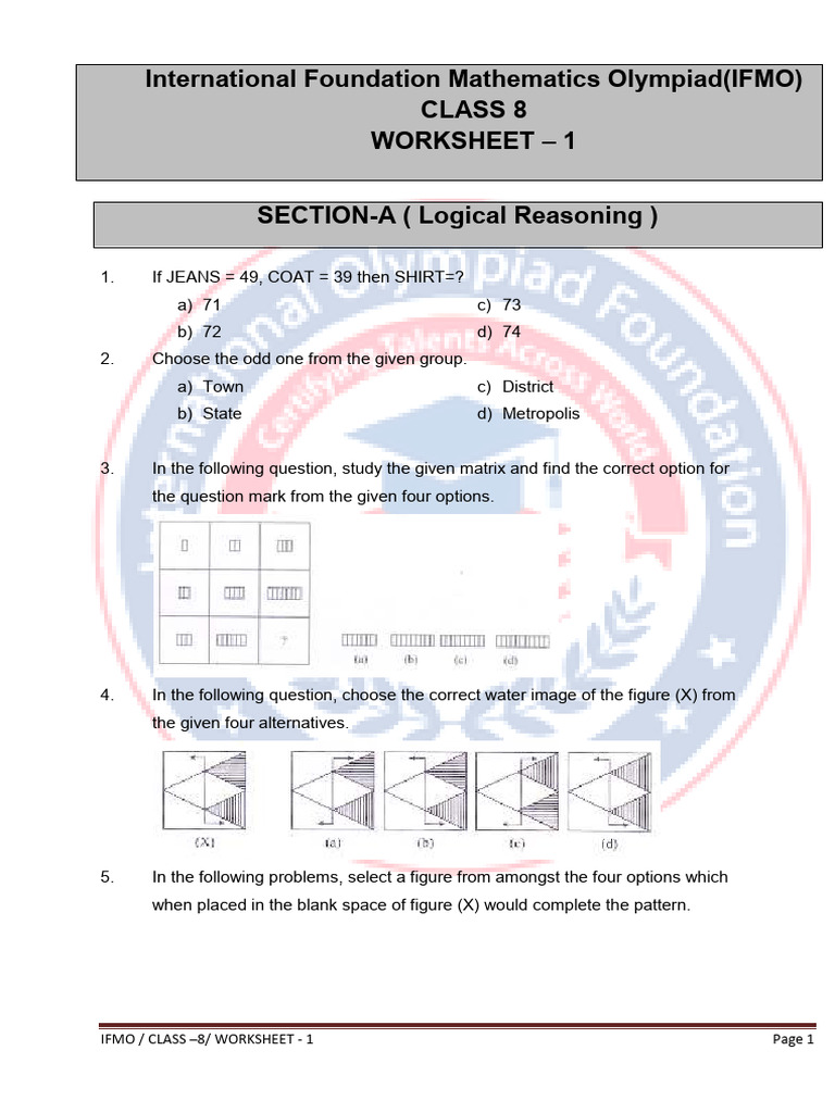 IFMO Class 8 Worksheet 1 | PDF