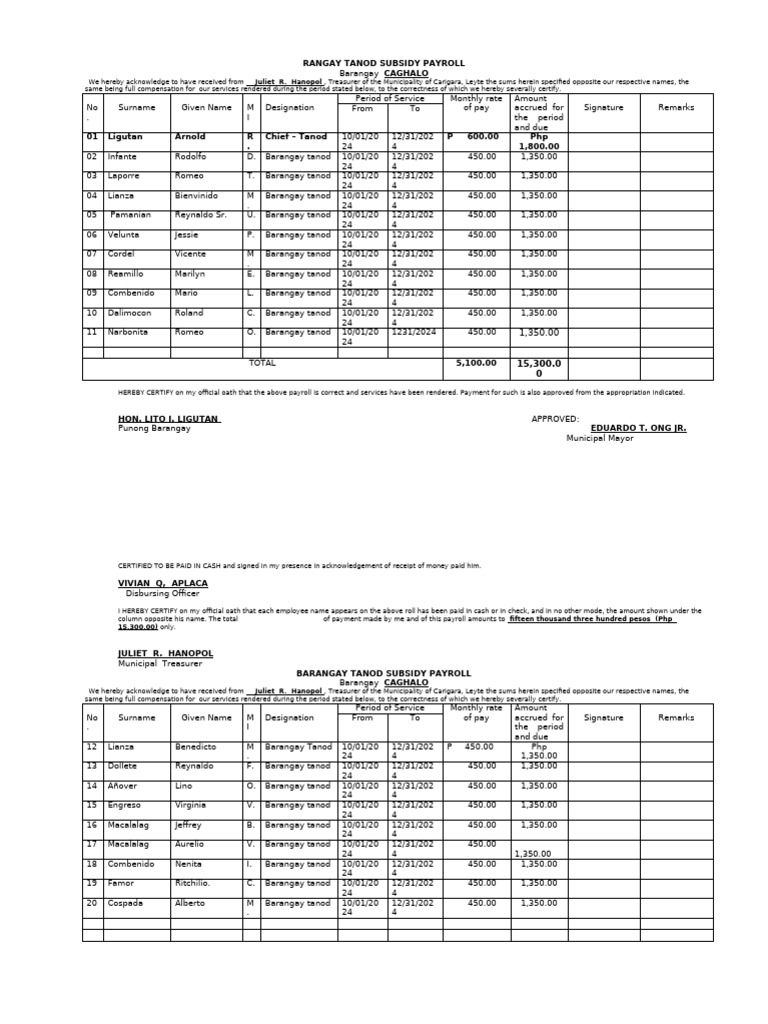 BARANGAY TANOD SUBSIDY PAYROLL | PDF