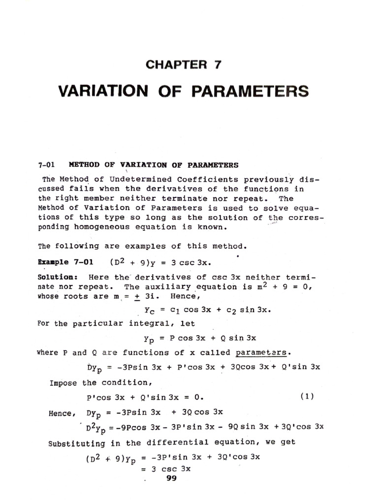 Chapter 7 VARIATION OF PARAMETERS | PDF
