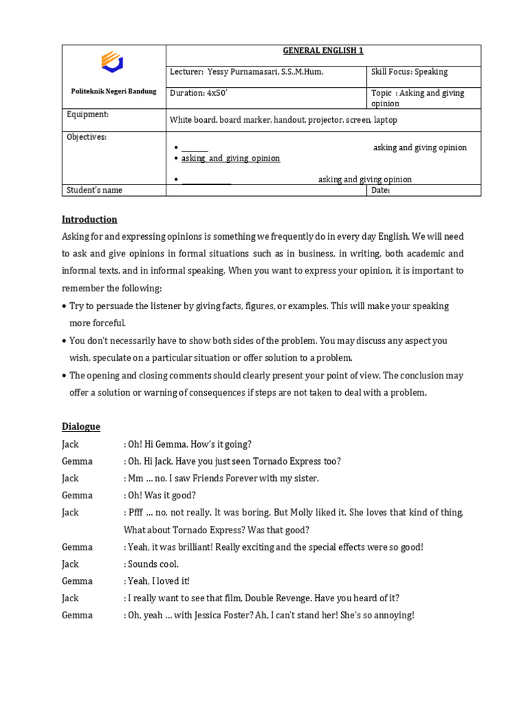 Asking and Giving Opinion - Handout | PDF | Truth | Self-Improvement