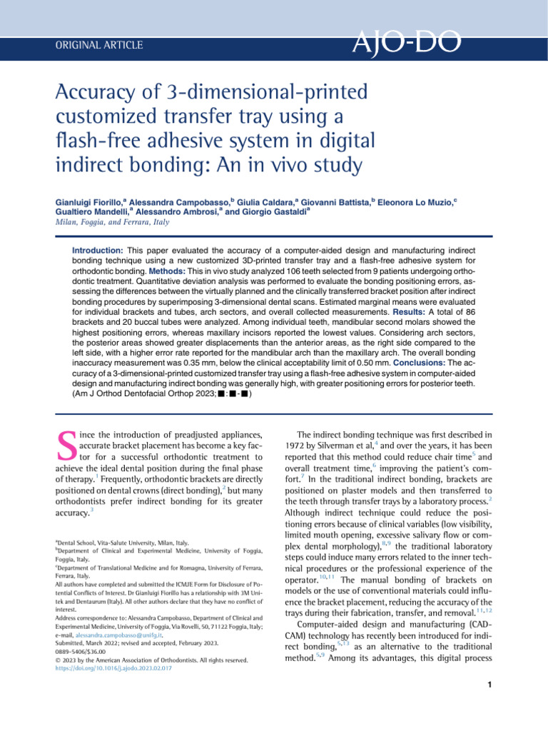 Accuracy of 3-Dimensional-Printed Customized Transfer Tray Using A ...
