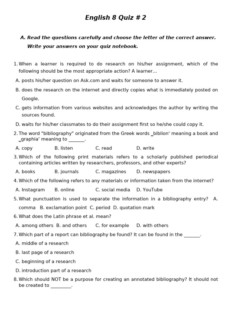 English 8 Quiz # 2 | PDF